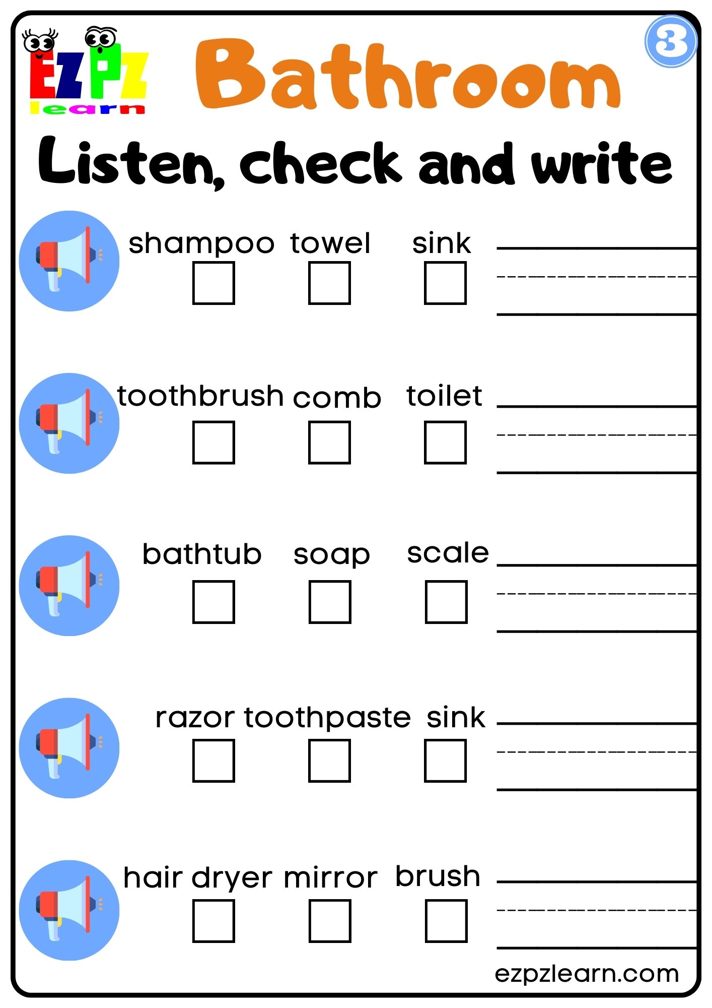 Bathroom Interactive Vocabulary Worksheet Listen, Check and Write the Words Activity for Kids ...